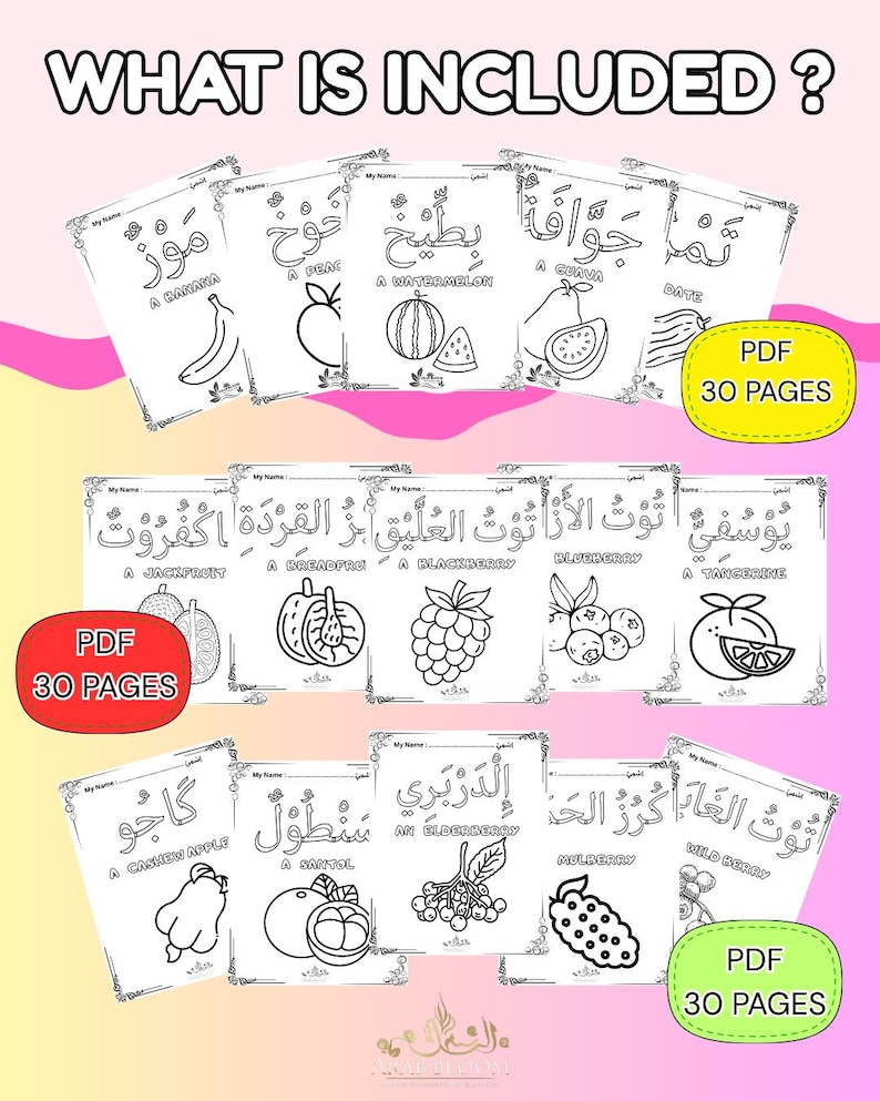 Arabic Fruits Coloring Pages Bundle | Bilingual Vocabulary Worksheets ...