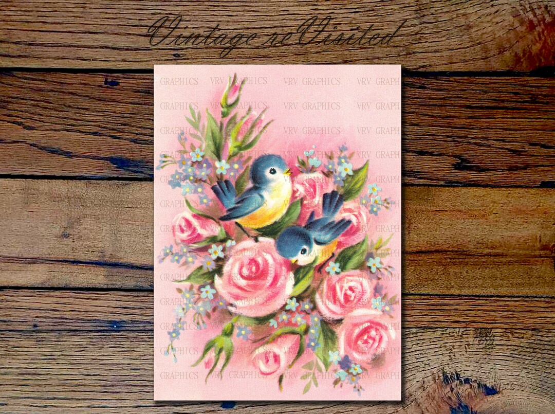 Cute Bluebirds Shabby Pink Roses Flowers Instant Digital Download ...