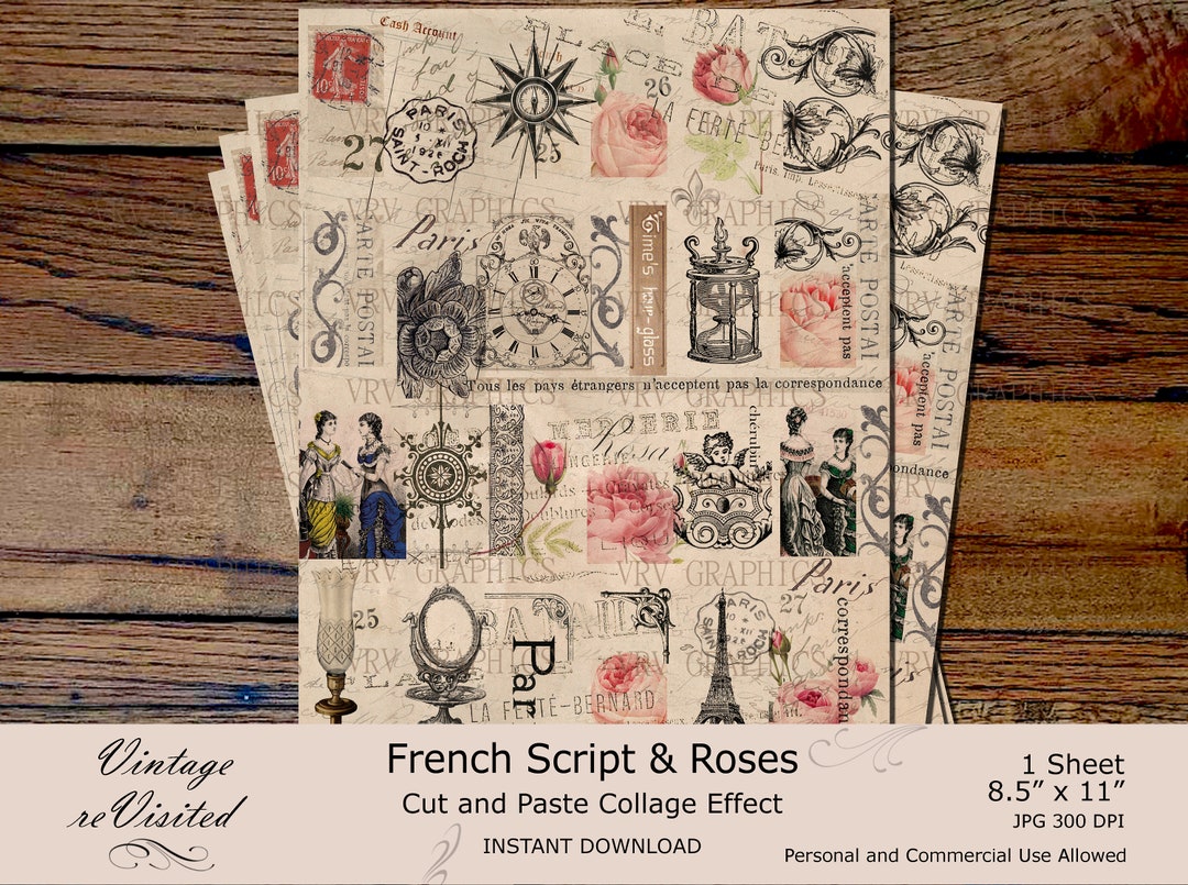 French Script Roses Cut Paste Collage Sheet Vintage Postcard Junk ...
