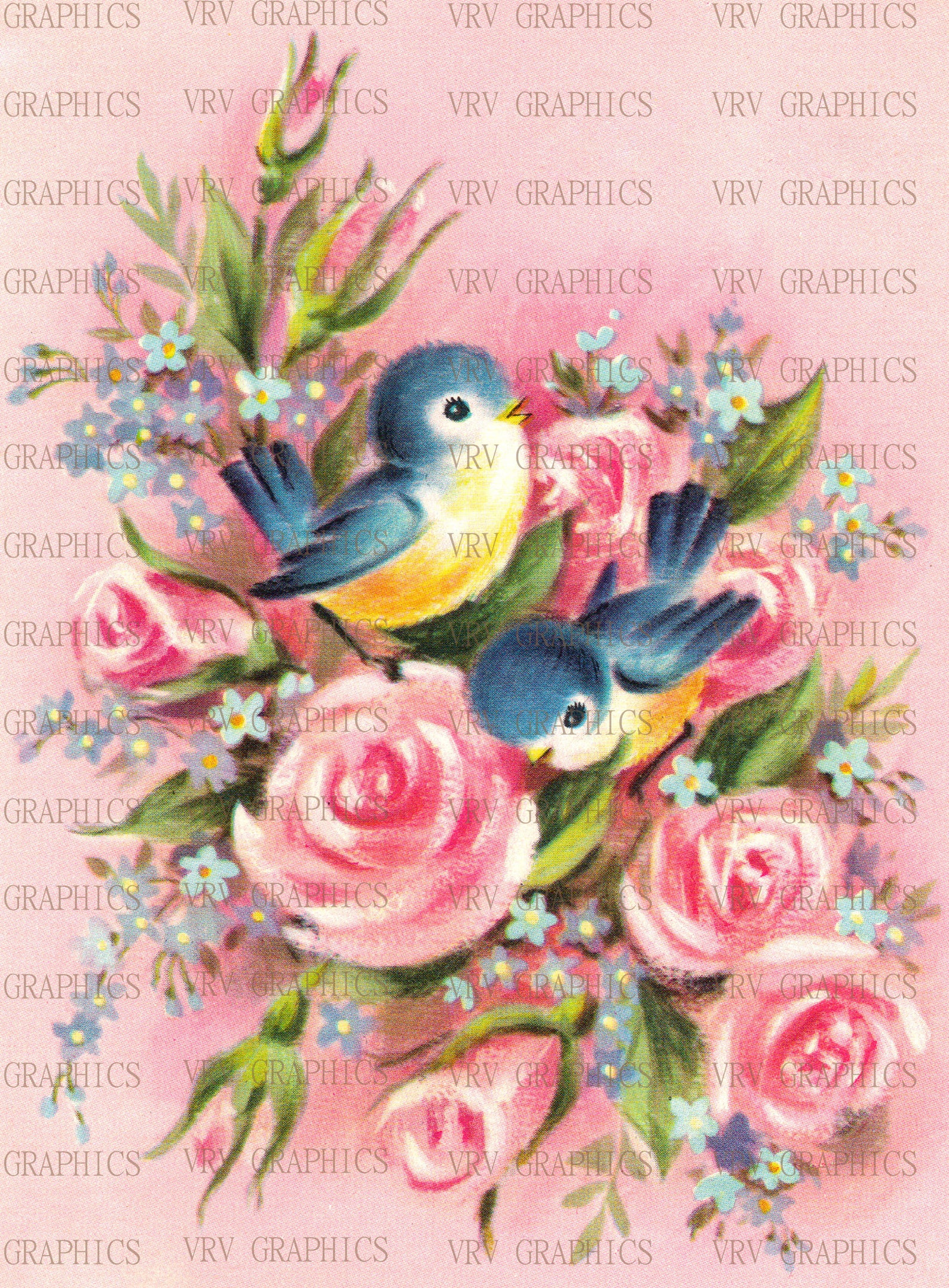 Cute Bluebirds Shabby Pink Roses Flowers Instant Digital | Etsy