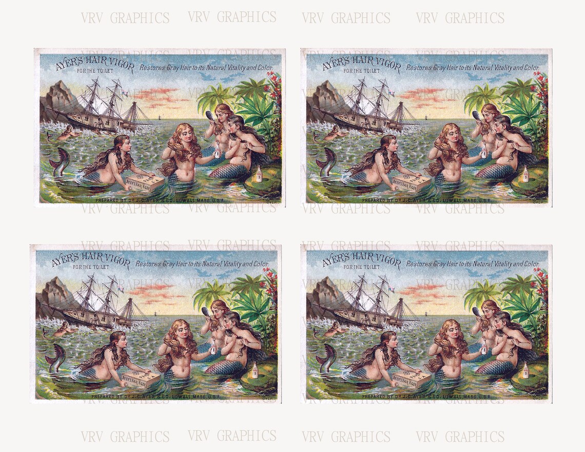 1800s Mermaid Ship Wreck Hair Tonic Advertisement Vintage Trade Card ...