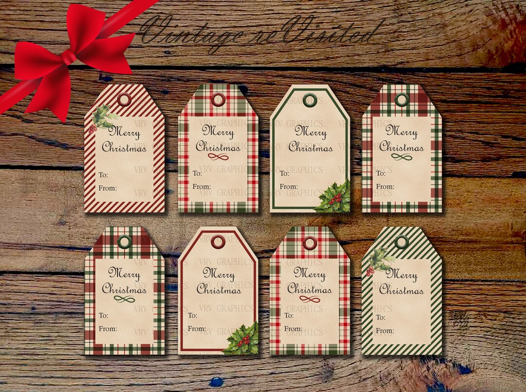 Christmas Old Fashioned Printable Gift Tags Red Green Plaid Holly ...
