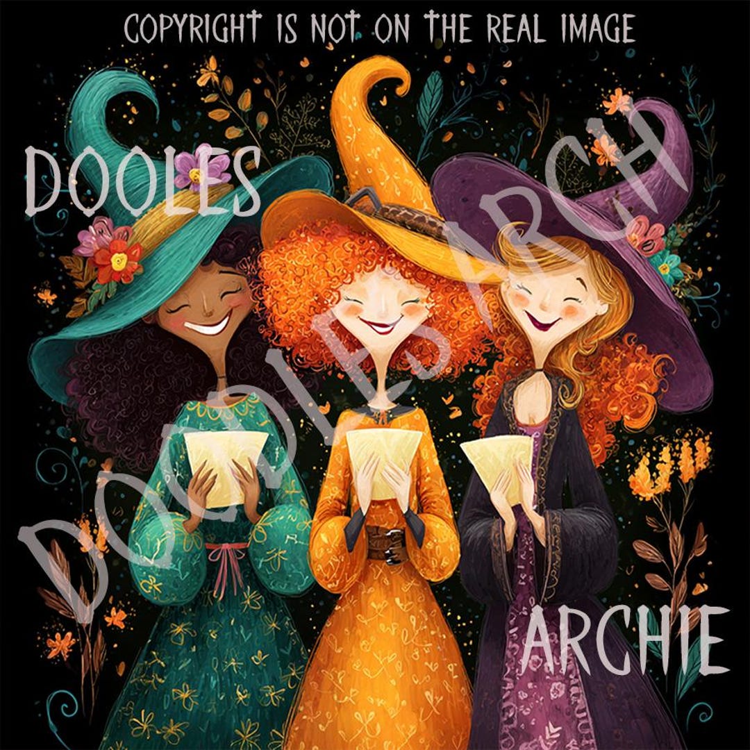 Witch Trio on Black and Floral Clip Art, Digital Download, JPG - Etsy