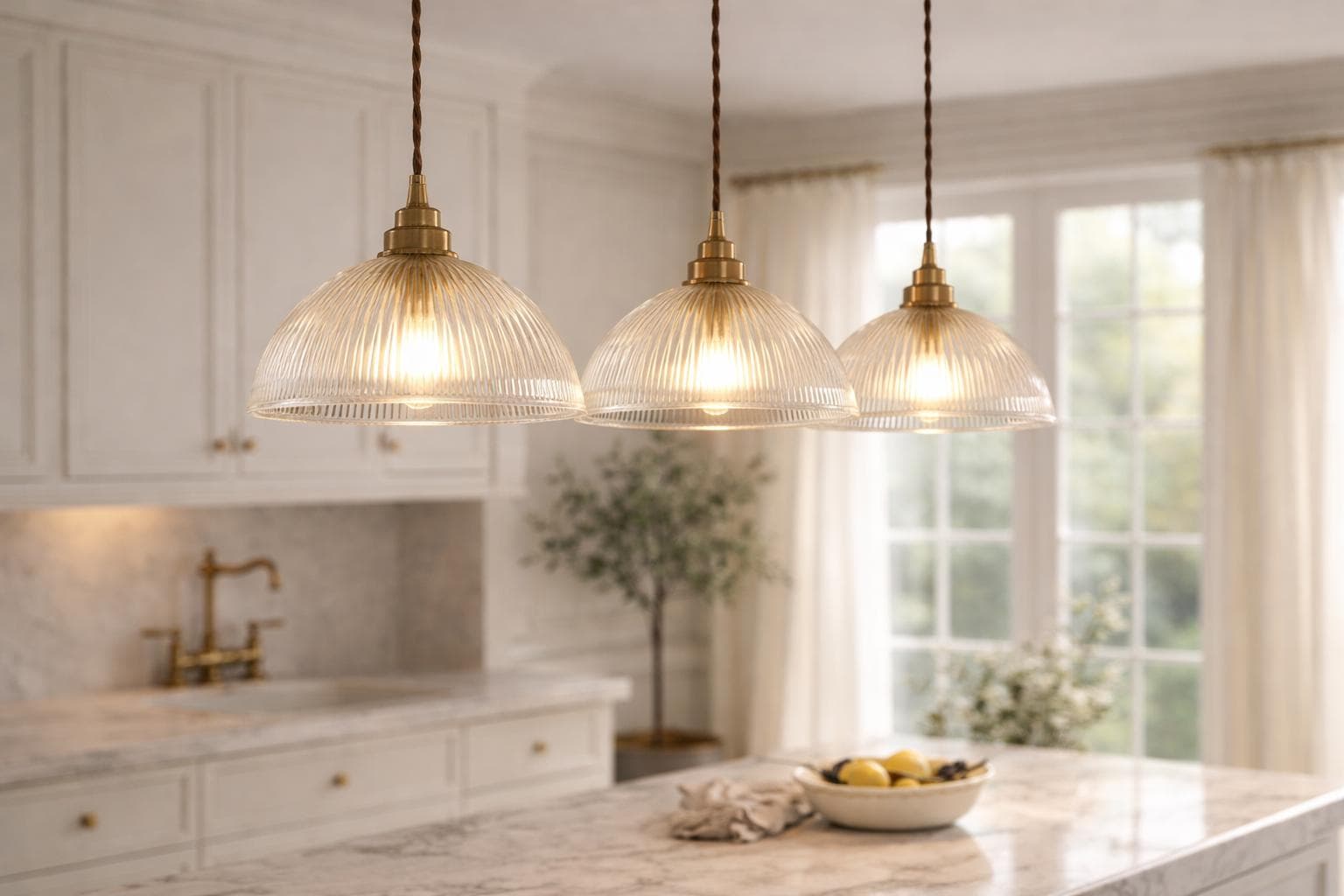 Clear Ribbed Glass Kitchen Island Pendant Light, Dome Hanging Light ...