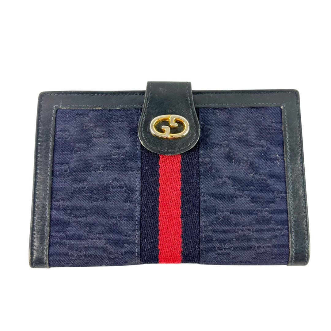 80's GUCCI Sherry Line Signature GG Navy Blue Canvas Leather ...