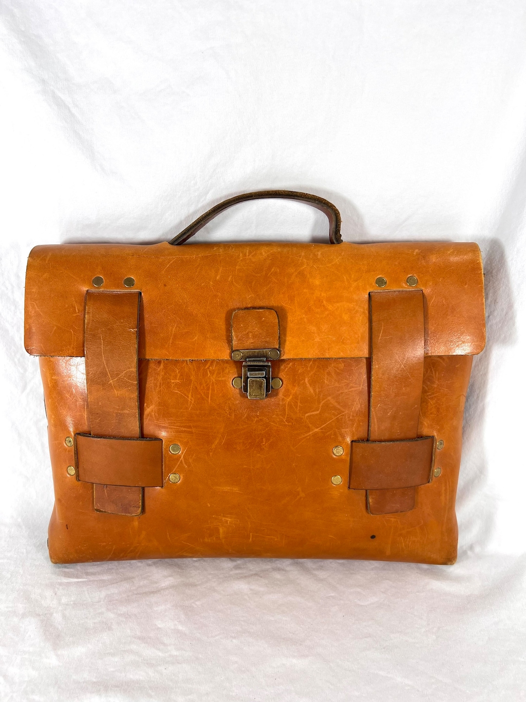 Vintage Authentic Tan Thick Leather Briefcase Attache Excellent Worn ...