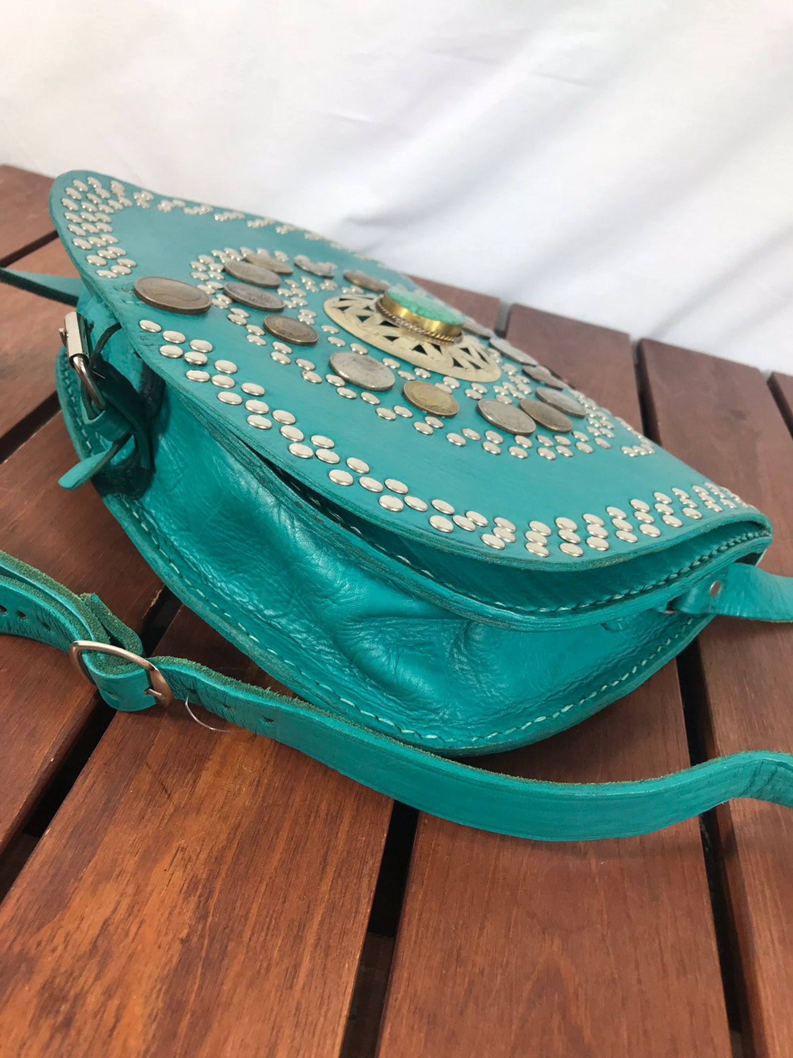 Rare Coin Motif From Different Countries Studded Sky Blue Leather ...