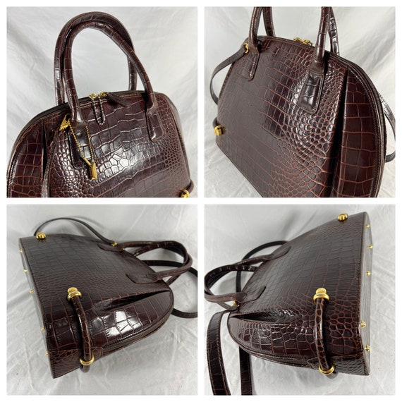 BALLY Brown Croc Embossed Leather Top Zip Doctor Tote… - Gem