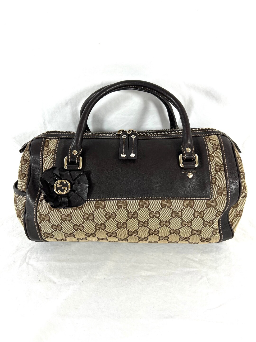 GUCCI Beige Canvas & Brown Leather Trim GG Pattern Trophy Flower Medium ...