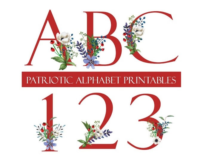 Patriotic Floral Alphabet Clipart, Letters Clipart, Red, White, Blue ...