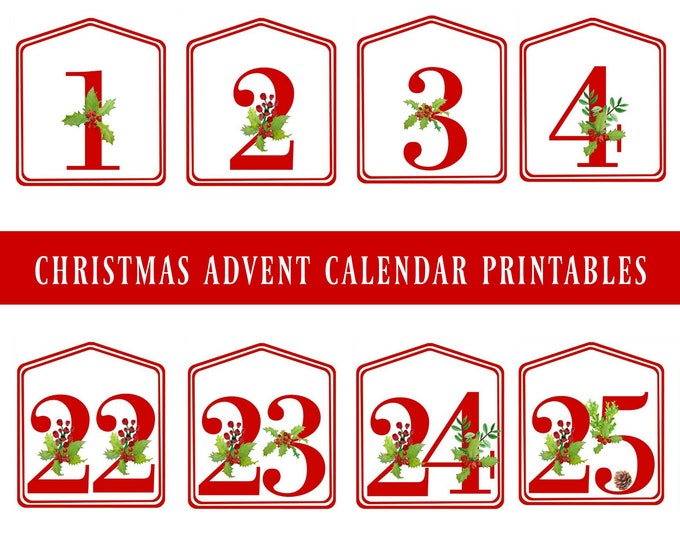 DIY Christmas Advent Calendar Red Printable Numbers 1 - 25, Digital ...