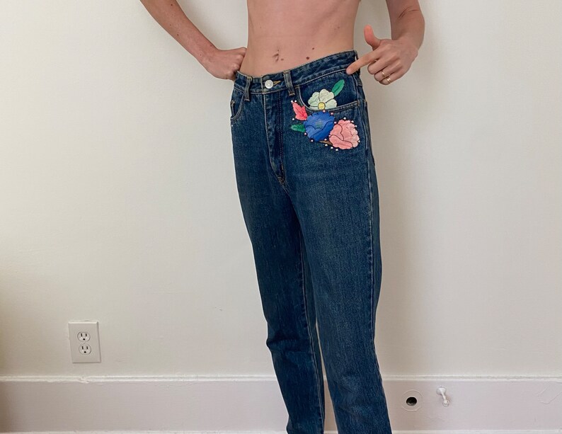 27" Vintage 90s Embroidered Jeans - Etsy