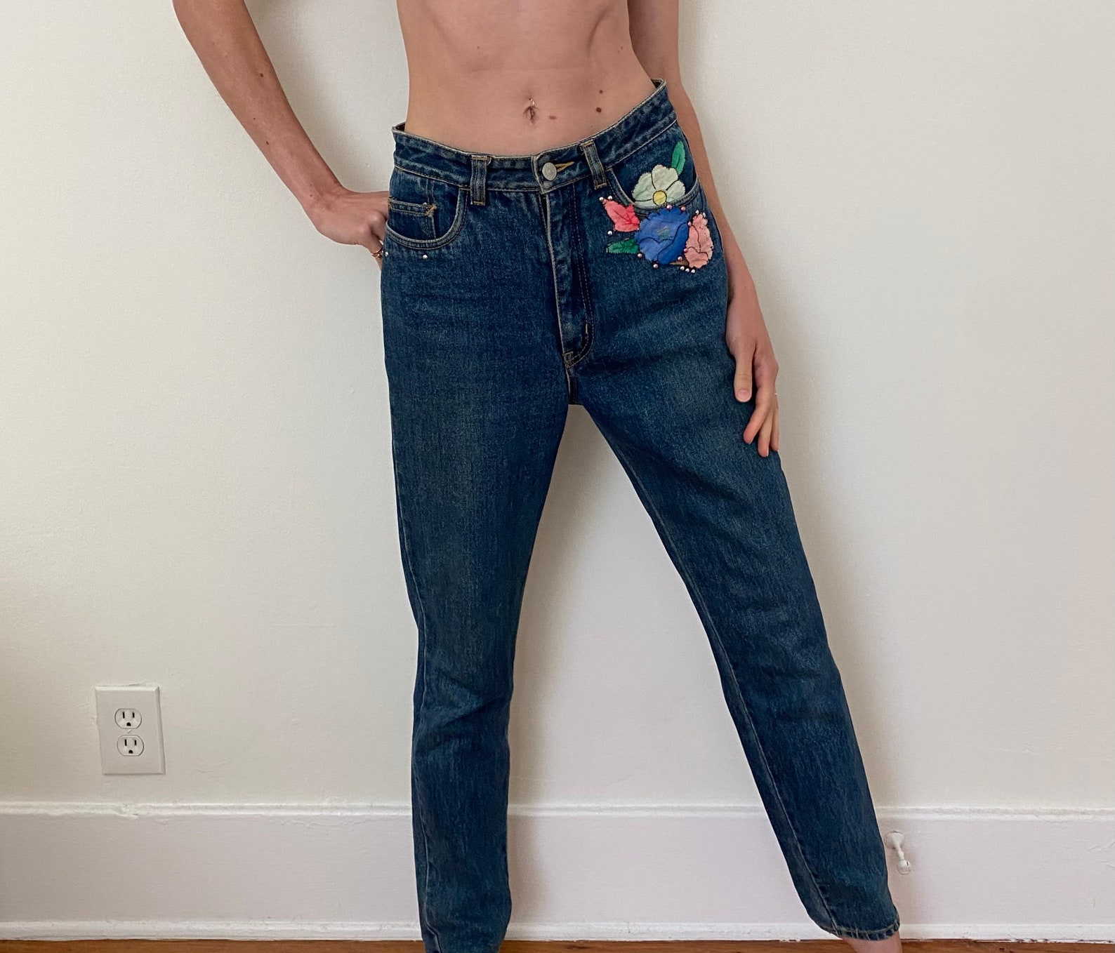 27" Vintage 90s Embroidered Jeans - Etsy