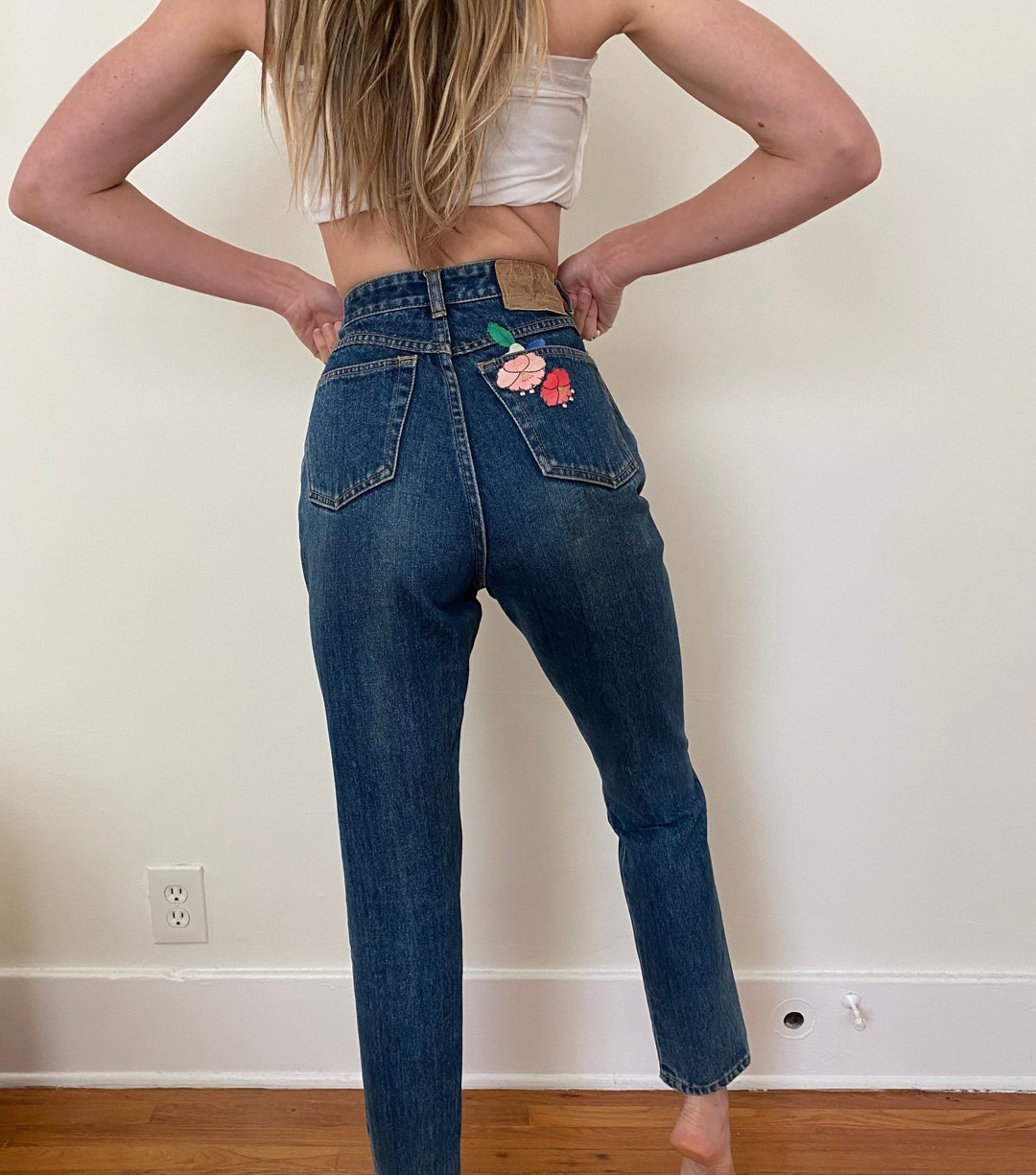 27" Vintage 90s Embroidered Jeans - Etsy