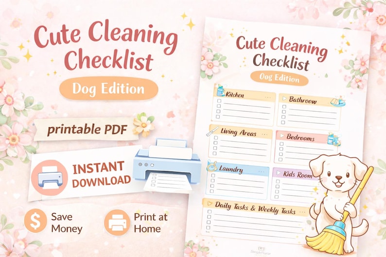 Cute Cleaning Checklist Dog | Printable Cleaning Planner | Kawaii Home ...