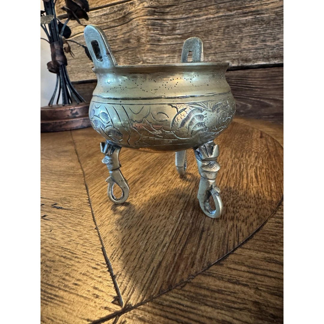 Antique Censer Chinese Incense Burner Brass 3 Footed Holder Tripod 2.75 ...