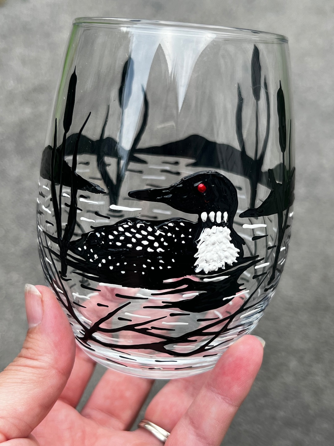 1 Hand Painted Loon Stemless Wine Glass - Etsy