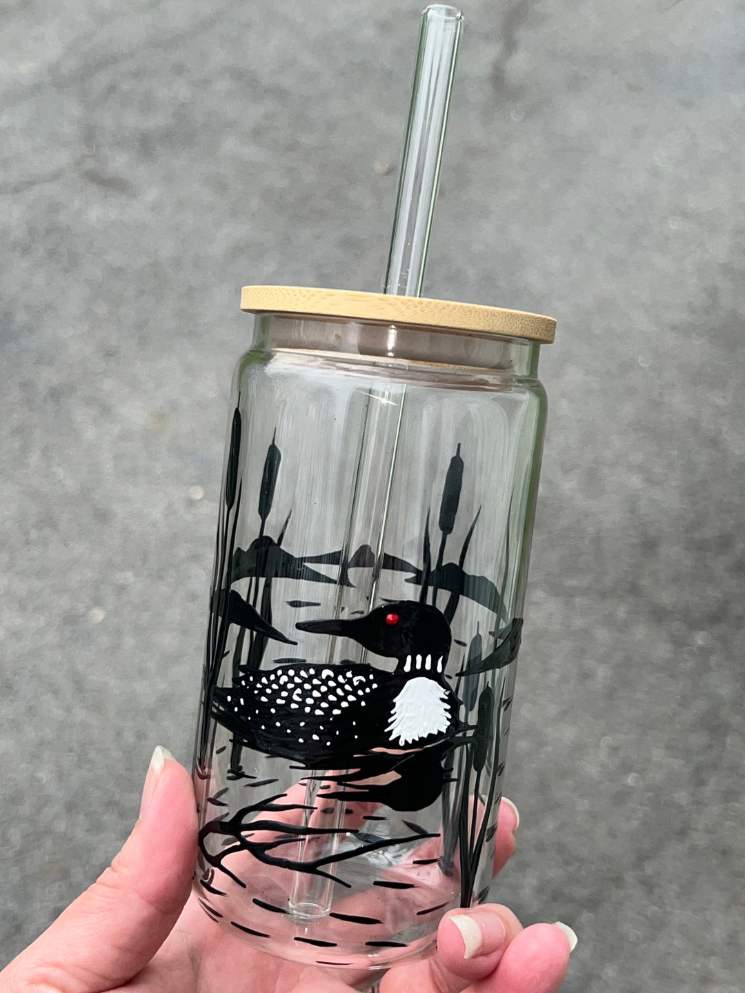 Hand Painted Loon Beer Can Shaped Glass With Lid - Etsy