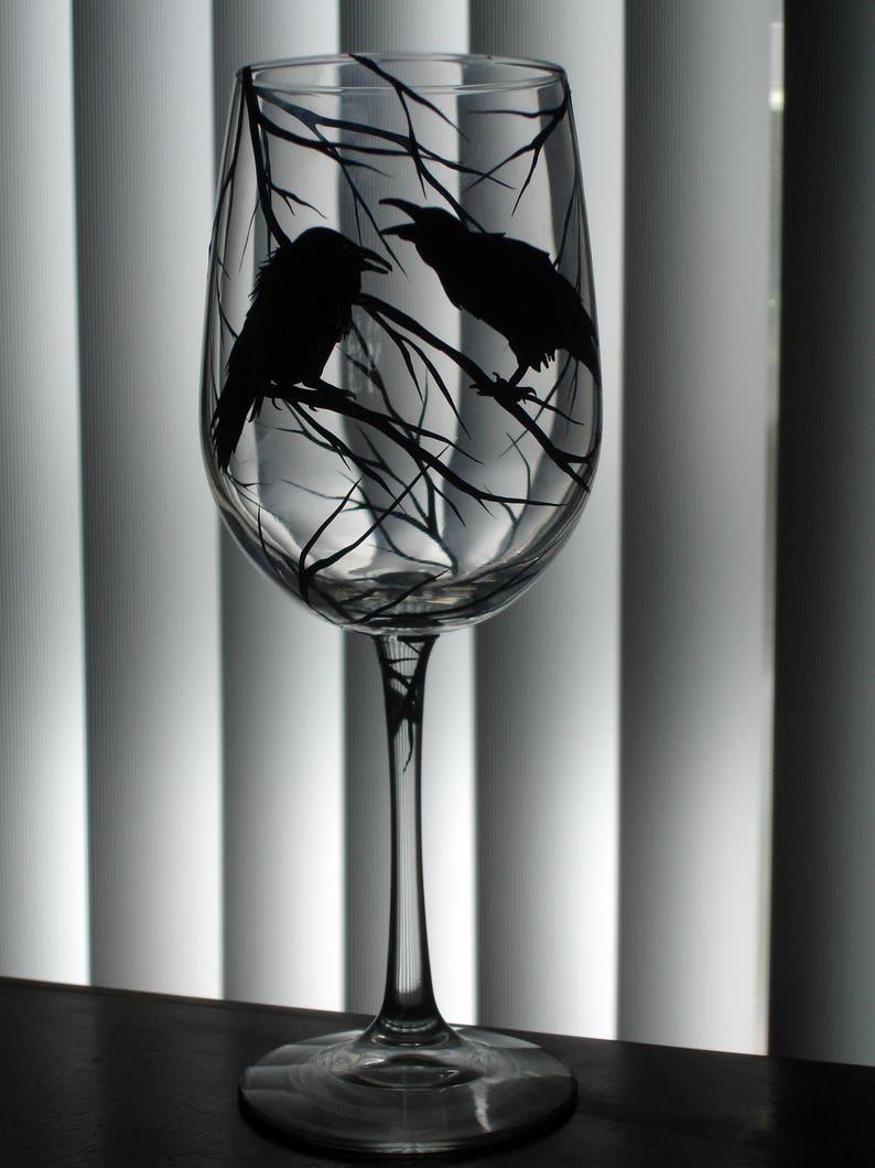Hand painted raven wine glass | Etsy