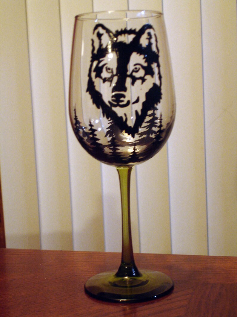 Hand Painted Wolf Wine Glass - Etsy