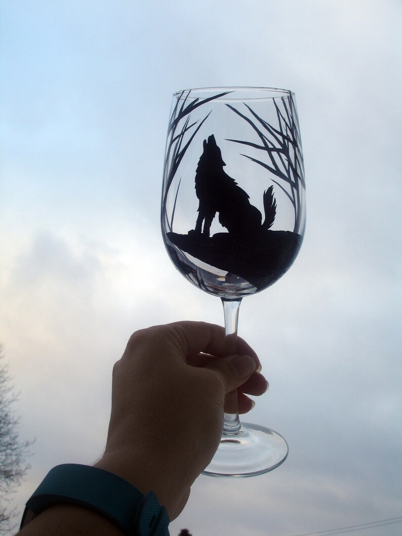 1 Hand painted wolf wine glass | Etsy