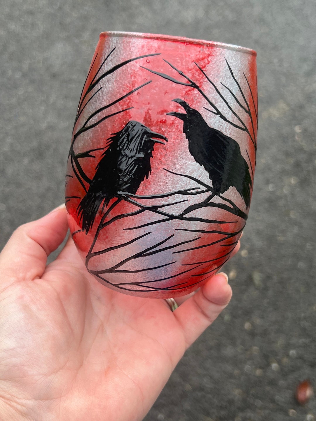 1 Hand Painted Raven Stemless Wine Glass - Etsy