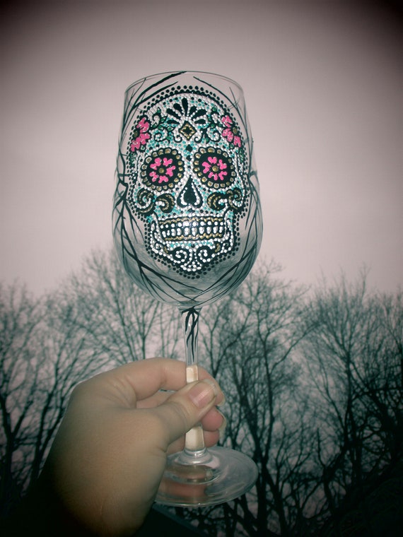 Sugar skull wine glass hand painted | Etsy
