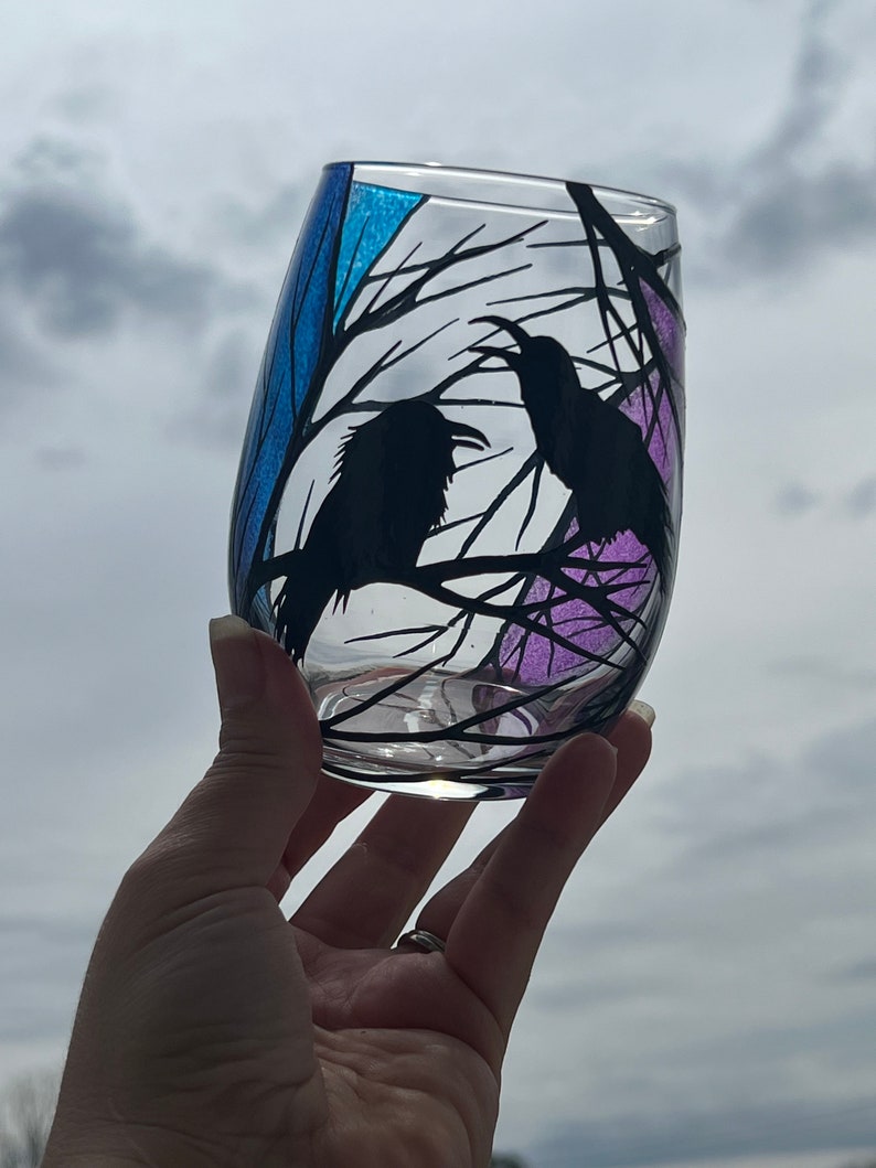 1 Hand Painted Raven Stemless Wine Glass - Etsy