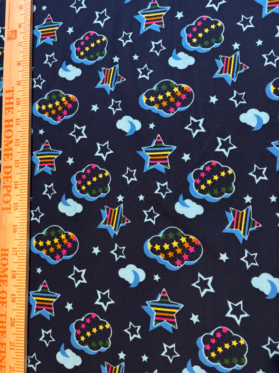 Blue Clouds and Stars Knit Fabric Cotton Lycra by the Yard misprint ...