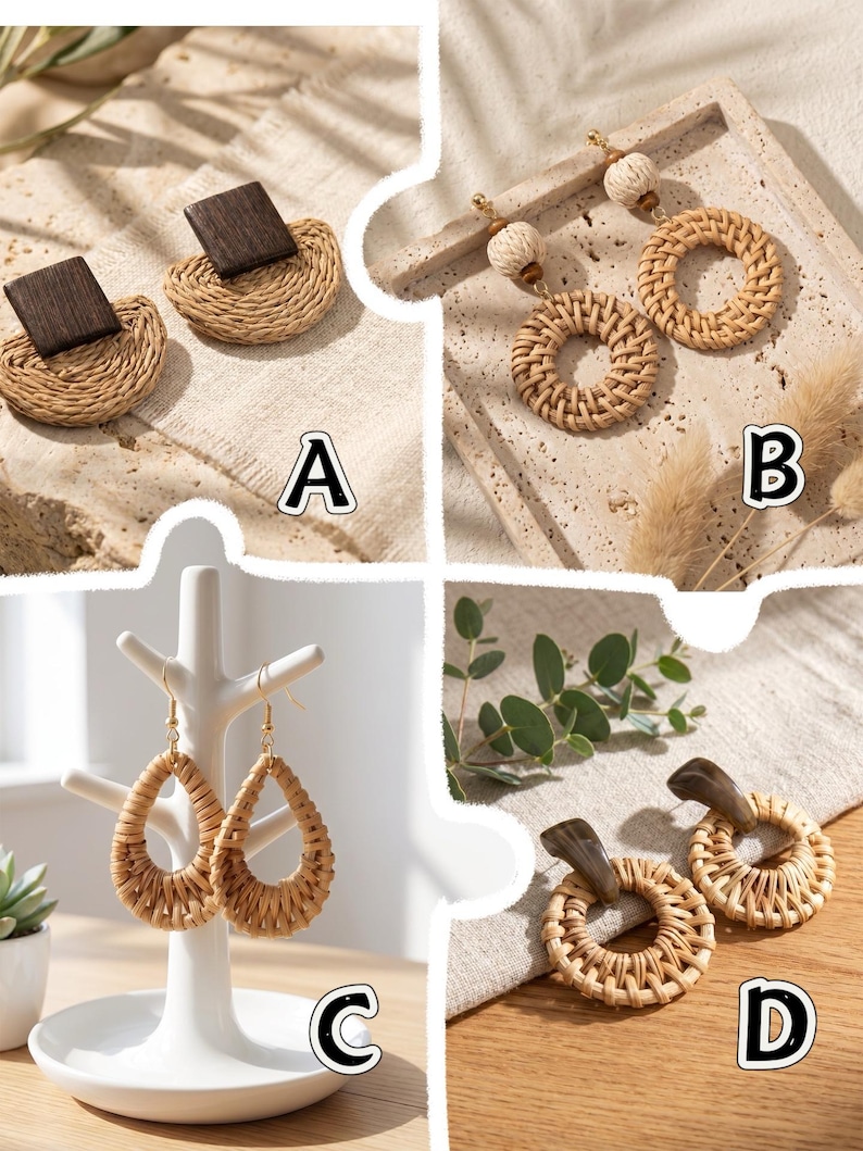 Handwoven Rattan Boho Drop Earrings, Lightweight Geometric Circle ...