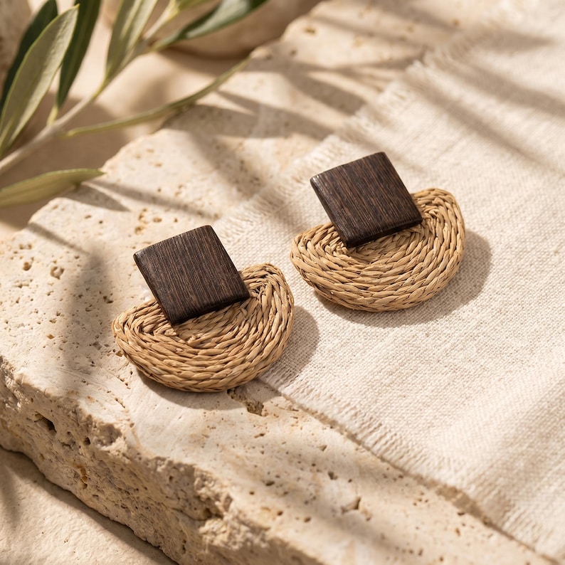 Handwoven Rattan Boho Drop Earrings, Lightweight Geometric Circle ...