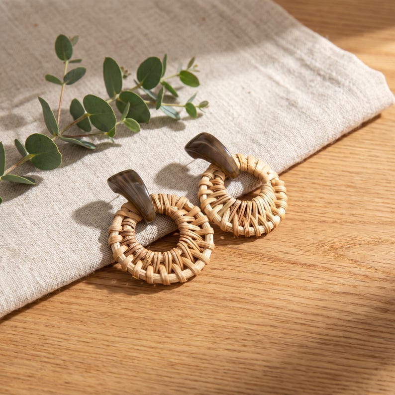 Handwoven Rattan Boho Drop Earrings, Lightweight Geometric Circle ...