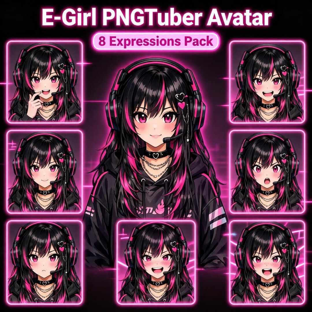 E-girl Pngtuber Avatar 8 Expressions Pack | Anime Vtuber PNG | Twitch ...