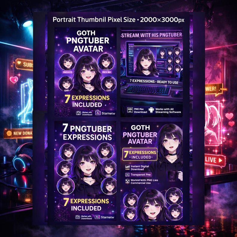 Goth Pngtuber Avatar Girl | 7 Expressions Streamer Avatar | Anime ...
