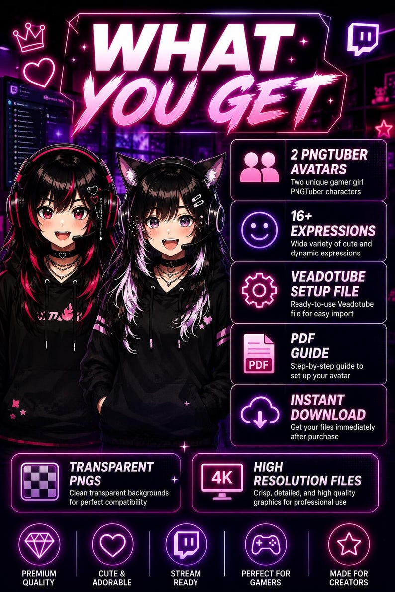 Anime Gamer Girl Pngtuber Pack | 2 Cute Veadotube Avatars + 16 ...