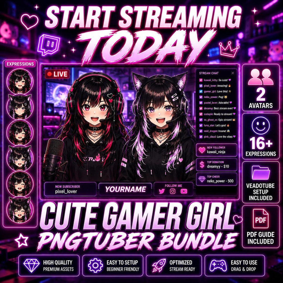 Anime Gamer Girl Pngtuber Pack | 2 Cute Veadotube Avatars + 16 ...