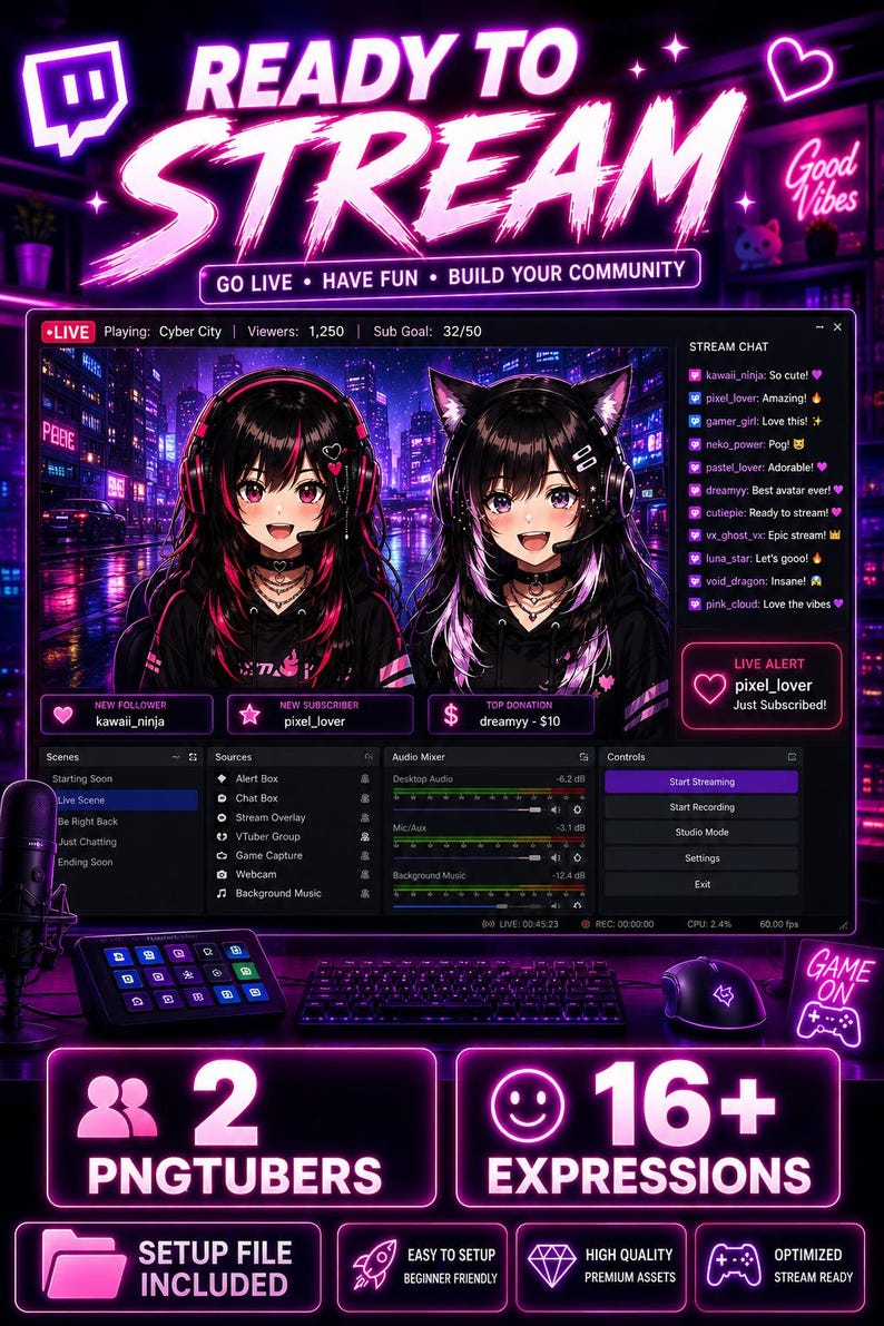 Anime Gamer Girl Pngtuber Pack | 2 Cute Veadotube Avatars + 16 ...
