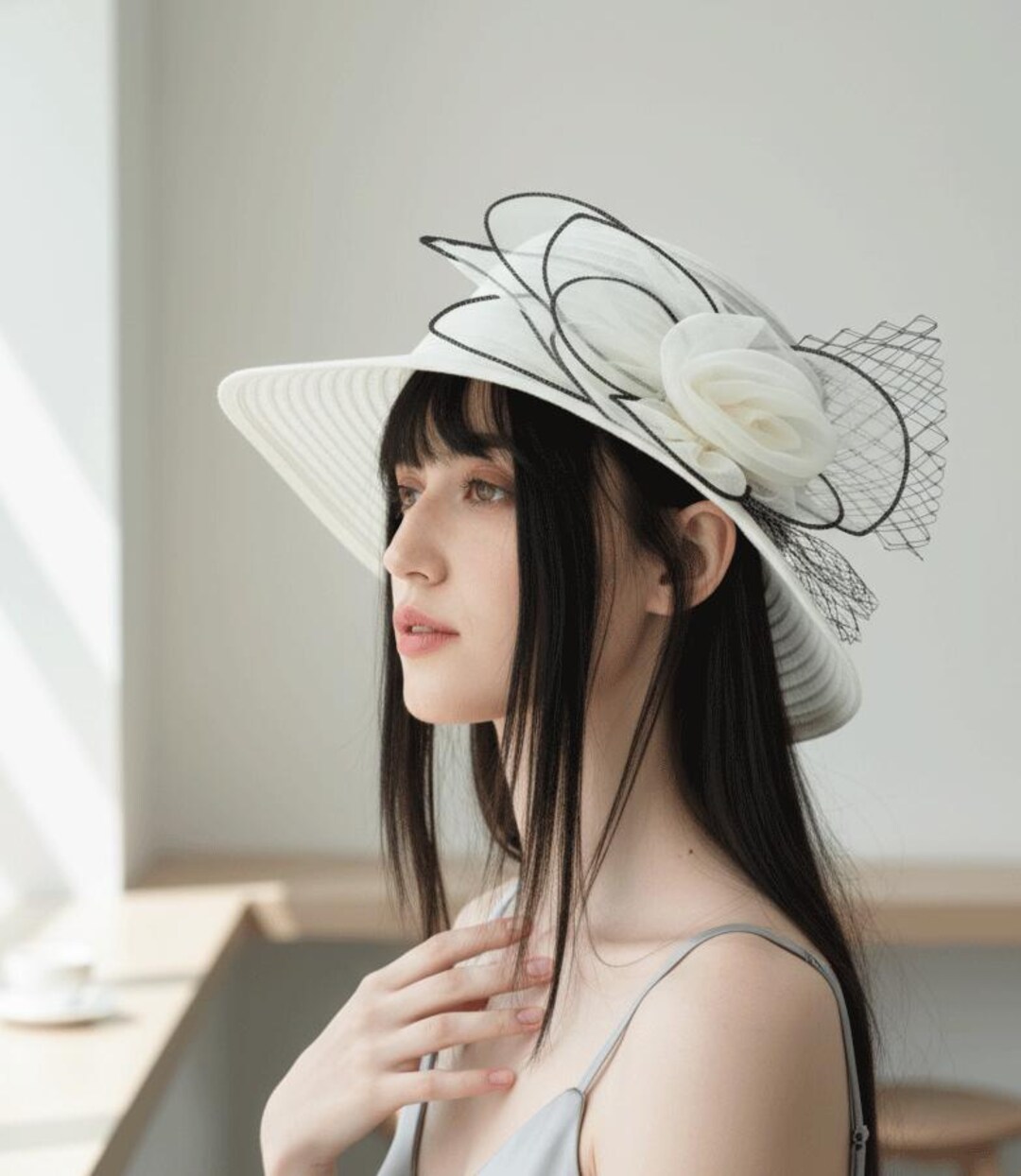 Vintage Organza Flower Sun Hat, Wide Brim Mesh Summer Beach Hat ...