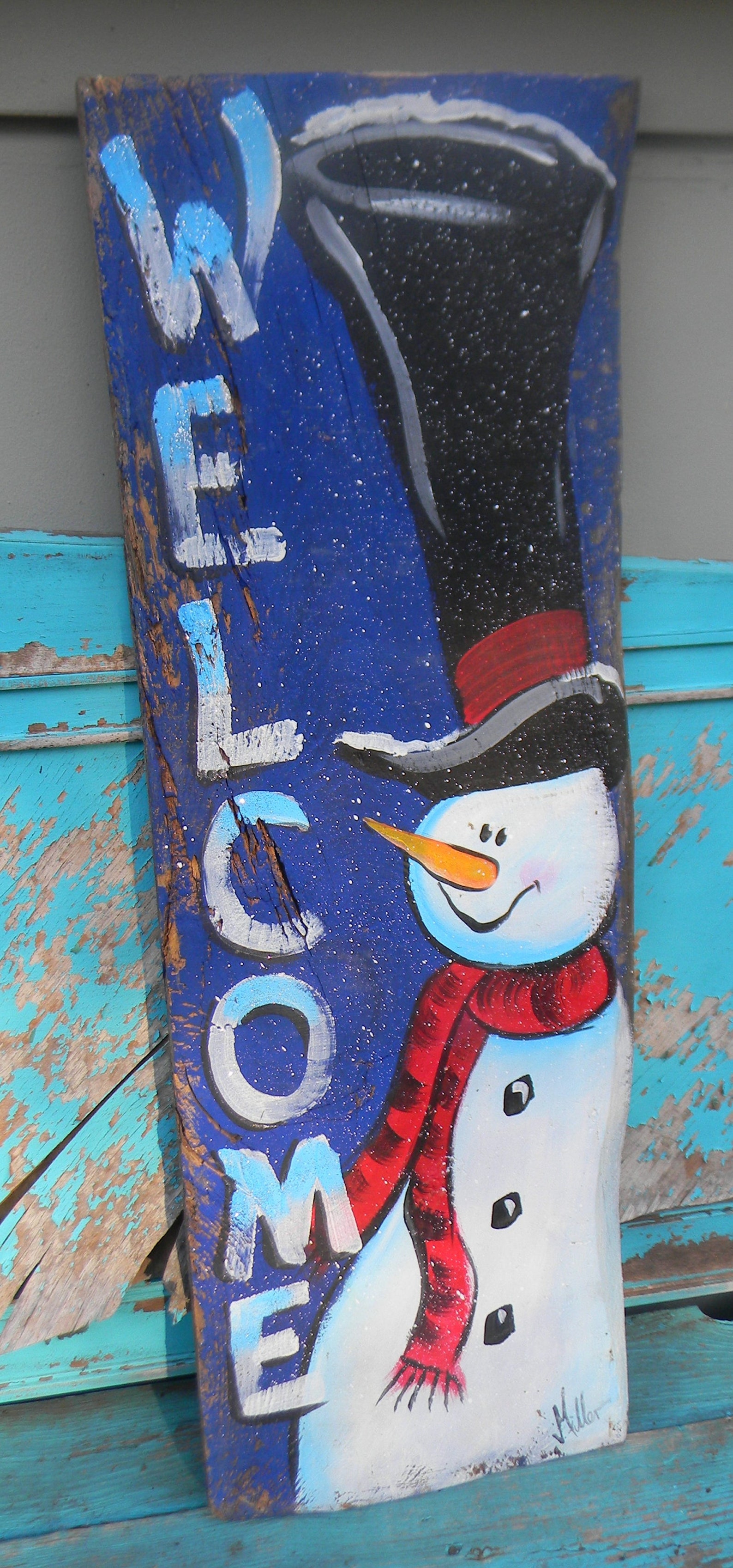 Snowman Welcome Wood Sign Hand Painted Front Porch Decor Christmas Art ...