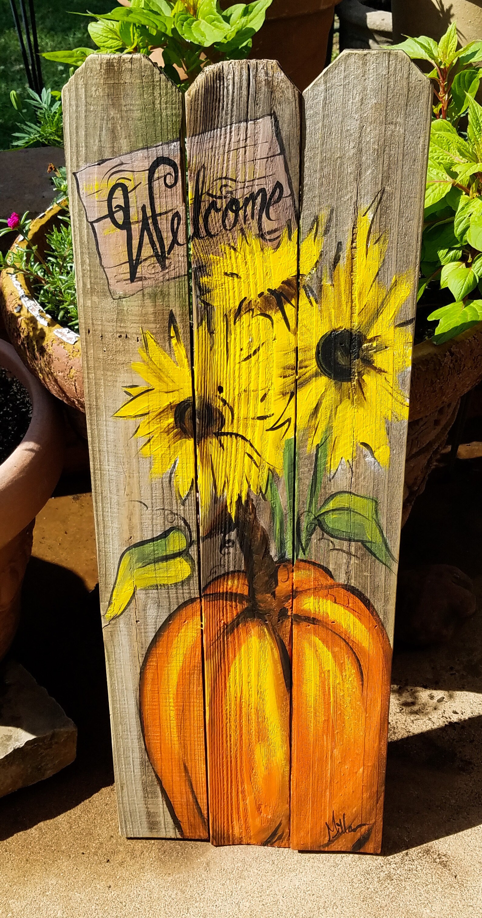 Pumpkin Sunflowers Welcome Wooden Fall\ Art on Reclaimed Wood Fence ...