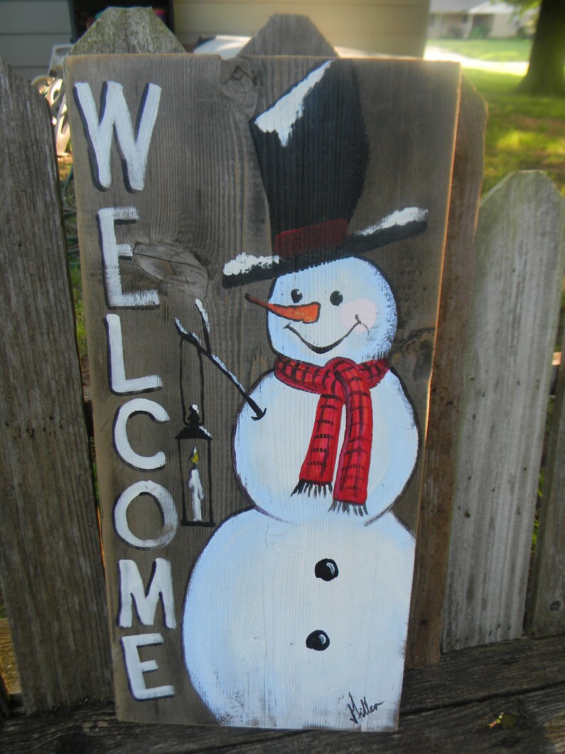 Hand Painted Snowman Welcome Sign: Rustic Christmas Porch Decor - Etsy