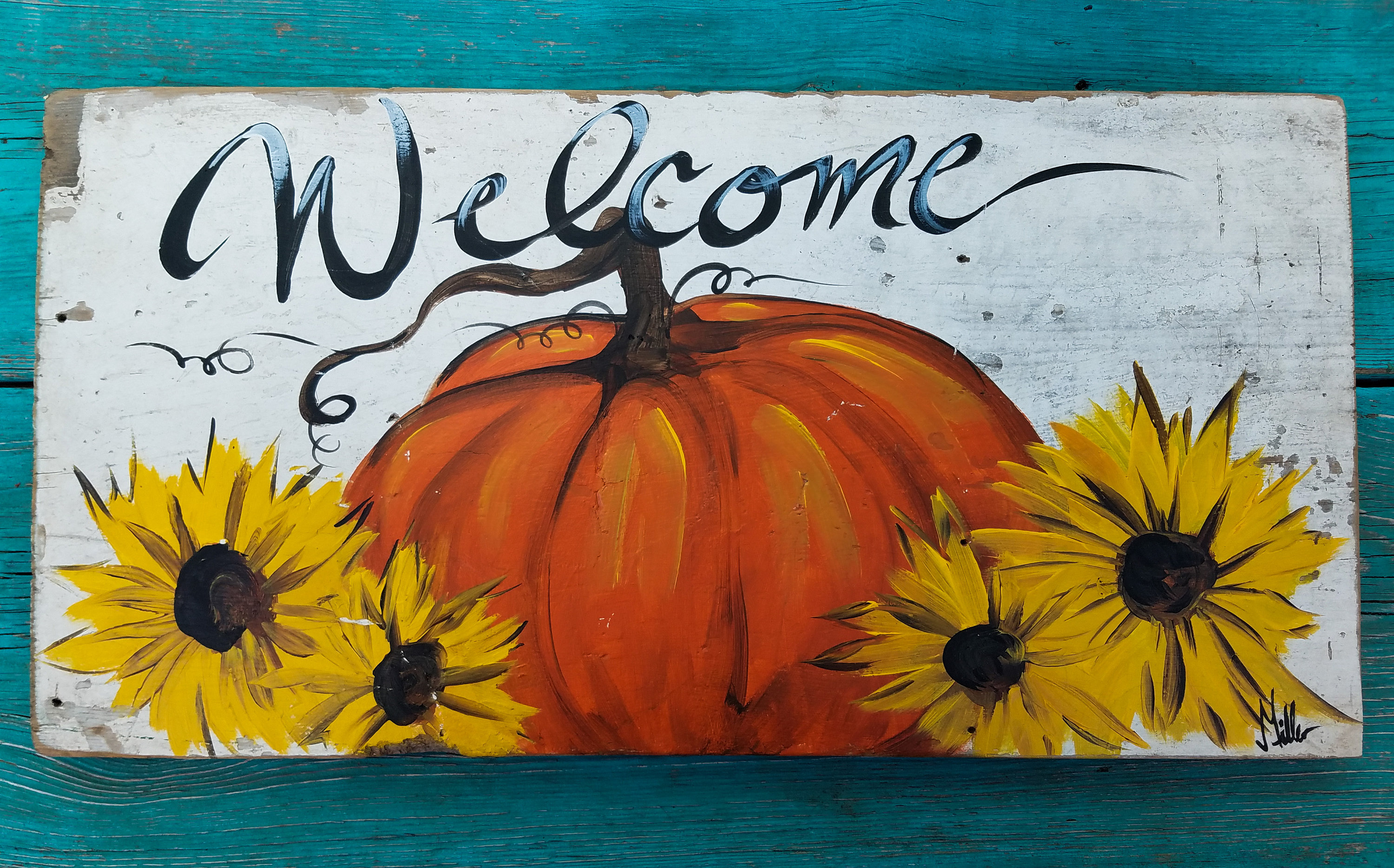 Hand Painted Pumpkin Sunflower Welcome Sign, Reclaimed Wood Autumn ...