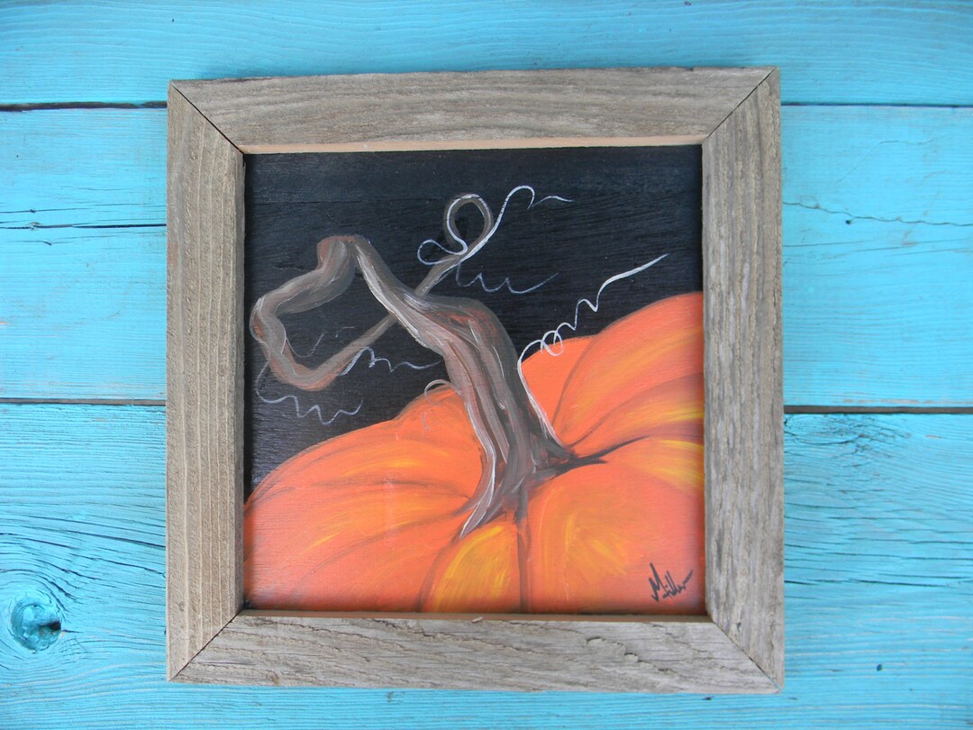 Pumpkin Painting Fall Art Framed in Reclaimed Wood Fence\ Autumn Decor ...