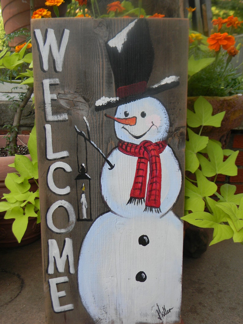 Hand Painted Snowman Welcome Sign: Rustic Christmas Porch Decor - Etsy