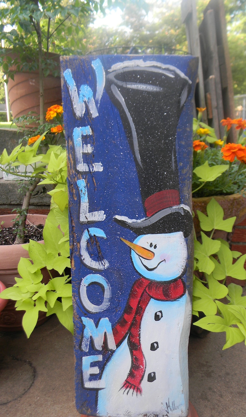 Snowman Welcome Wood Sign Hand Painted Front Porch Decor - Etsy