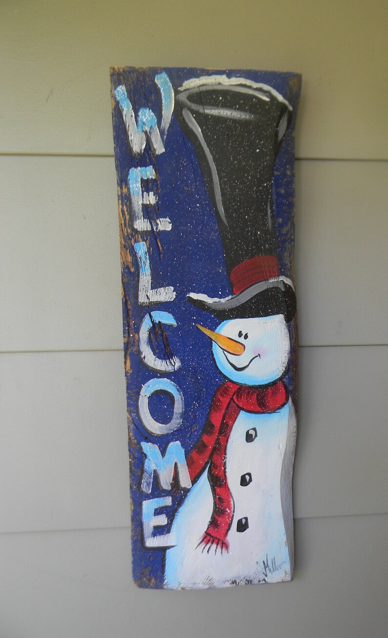Snowman Welcome Wood Sign Hand Painted Front Porch Decor Christmas Art ...