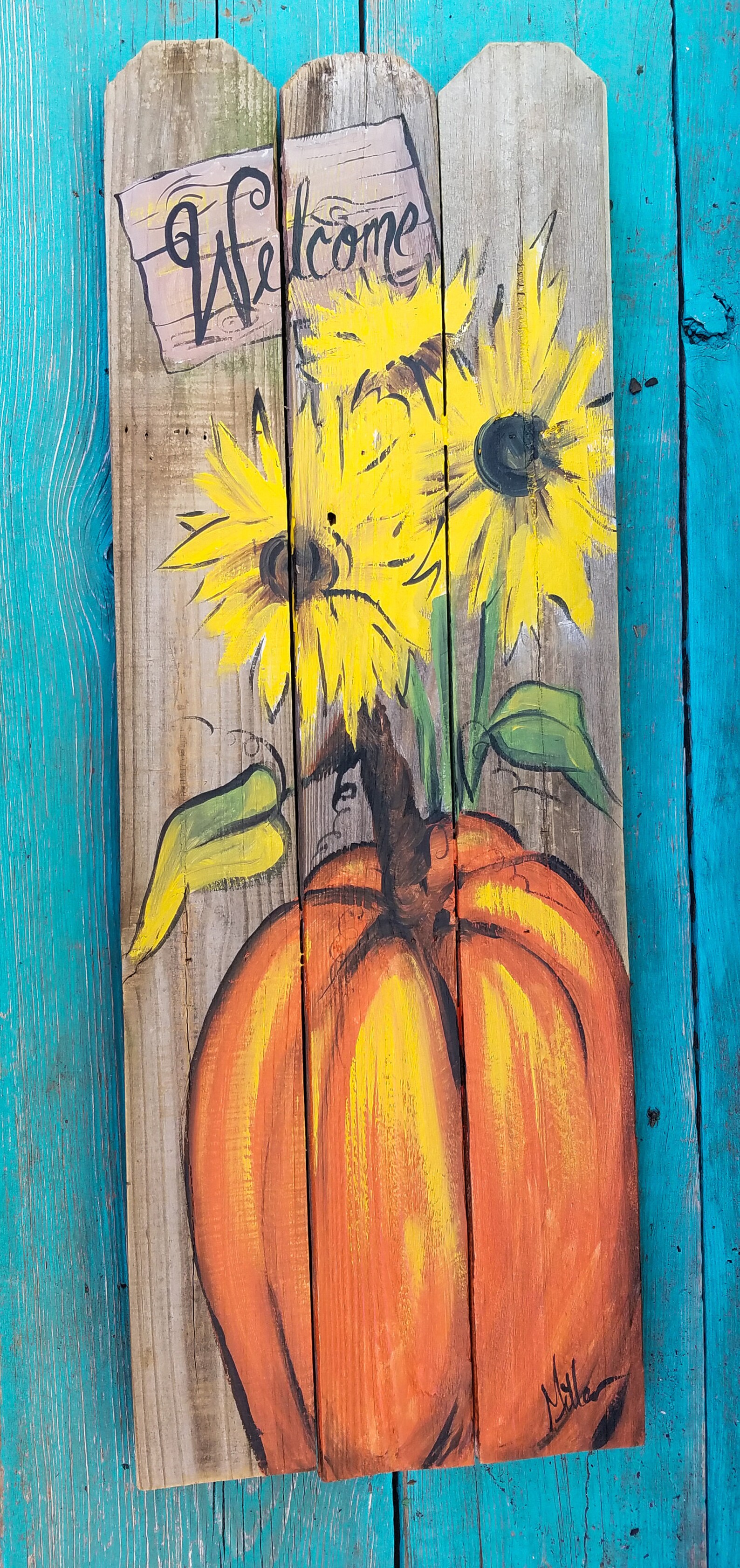 Pumpkin Sunflowers Welcome Wooden Fall\ Art on Reclaimed Wood Fence ...