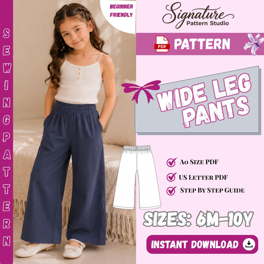 Girls Wide Leg Pants Sewing Pattern PDF | Kids Elastic Waist Trousers ...