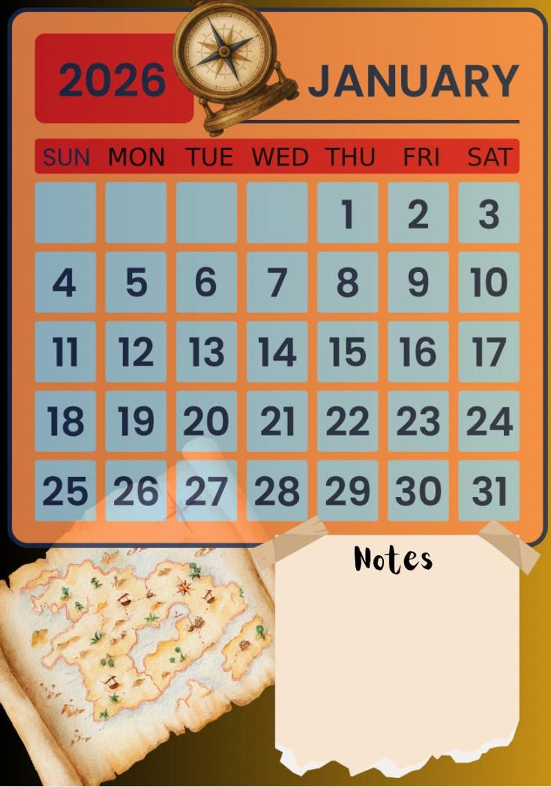 Pirate Theme Calendar 2026 With Instant Download - Ready to Print - Etsy