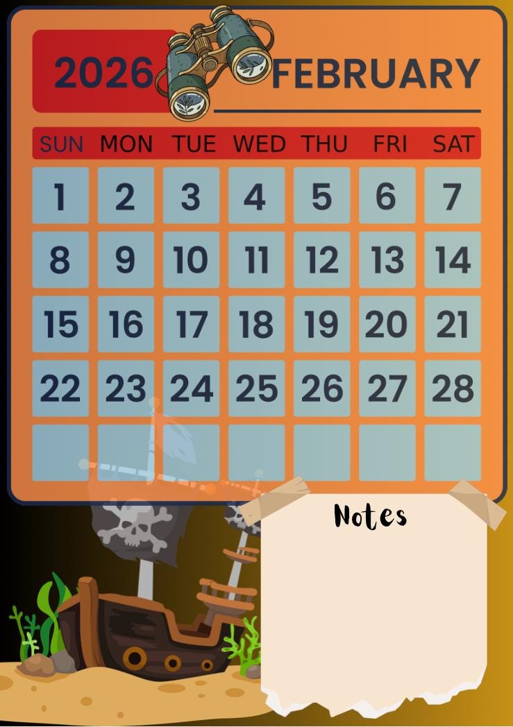 Pirate Theme Calendar 2026 With Instant Download - Ready to Print ...